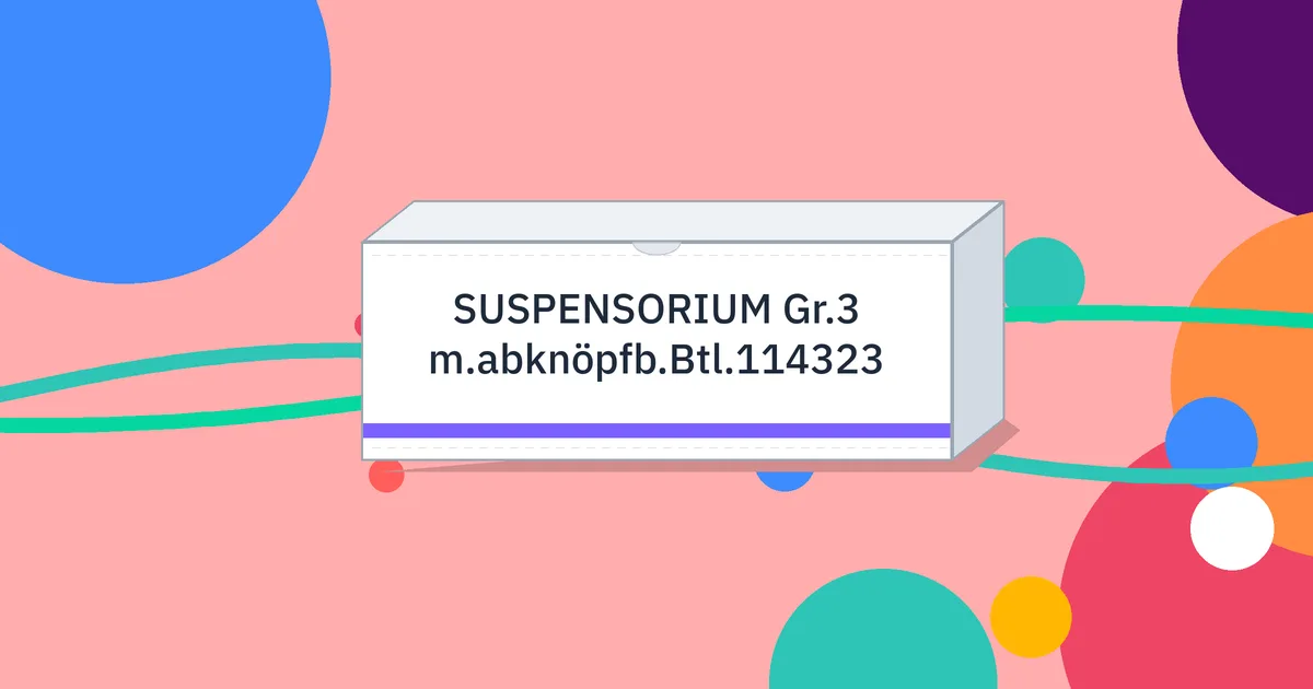 Symbolbild: Packung mit der Aufschrift SUSPENSORIUM Gr.3 m.abknöpfb.Btl.114323 (PZN 03230663) – Verfügbarkeit und Bezug in Apotheken in Frankfurt am Main