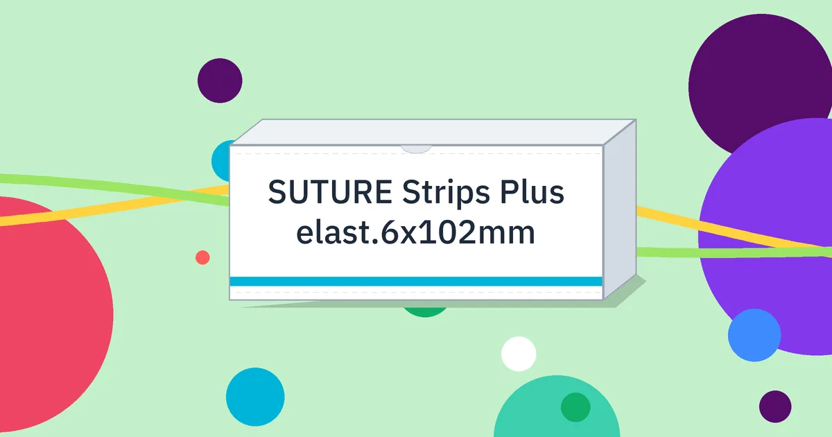 Symbolbild: Packung mit der Aufschrift SUTURE Strips Plus elast.6x102mm (PZN 00033778) – Verfügbarkeit und Bezug in Apotheken in Frankfurt am Main