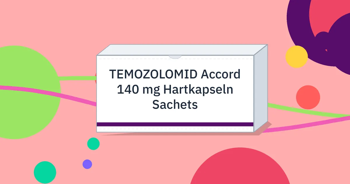 Symbolbild: Packung mit der Aufschrift TEMOZOLOMID Accord 140 mg Hartkapseln Sachets (PZN 16234160) – Verfügbarkeit und Bezug in Apotheken in Frankfurt am Main