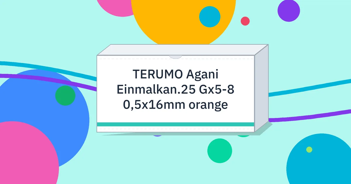 Symbolbild: Packung mit der Aufschrift TERUMO Agani Einmalkan.25 Gx5-8 0,5x16mm orange (PZN 13873511) – Verfügbarkeit und Bezug in Apotheken in Frankfurt am Main