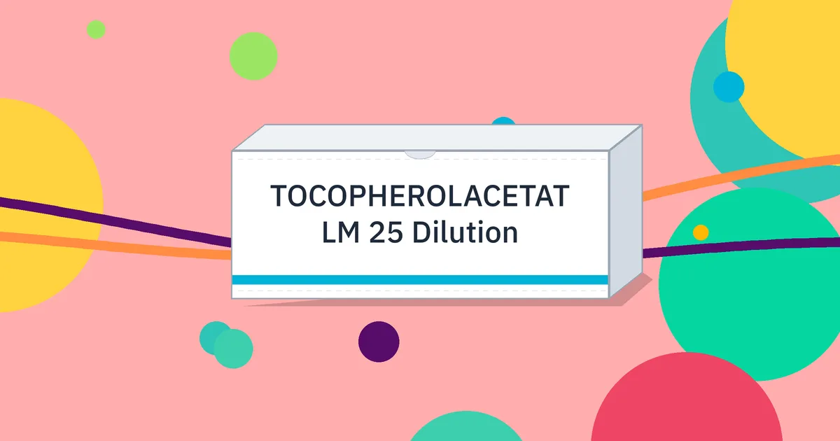 Symbolbild: Packung mit der Aufschrift TOCOPHEROLACETAT LM 25 Dilution (PZN 13224965) – Verfügbarkeit und Bezug in Apotheken in Frankfurt am Main