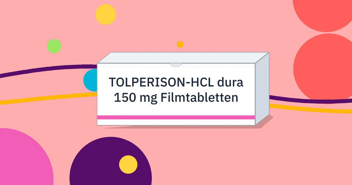Symbolbild: Packung mit der Aufschrift TOLPERISON-HCL dura 150 mg Filmtabletten (PZN 01744843) – Verfügbarkeit und Bezug in Apotheken in Frankfurt am Main