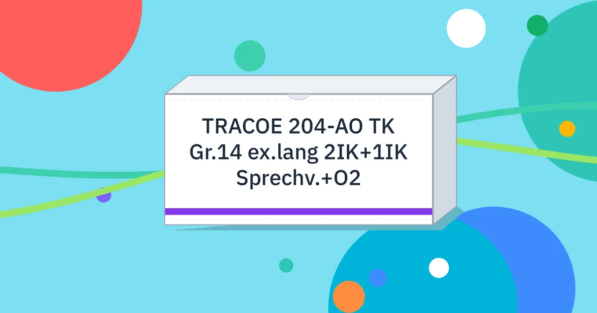 Symbolbild: Packung mit der Aufschrift TRACOE 204-AO TK Gr.14 ex.lang 2IK+1IK Sprechv.+O2 (PZN 17274204) – Verfügbarkeit und Bezug in Apotheken in Frankfurt am Main