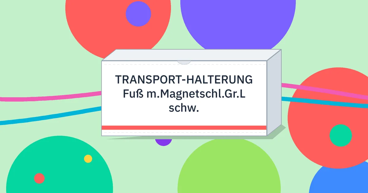 Symbolbild: Packung mit der Aufschrift TRANSPORT-HALTERUNG Fuß m.Magnetschl.Gr.L schw. (PZN 17280015) – Verfügbarkeit und Bezug in Apotheken in Frankfurt am Main