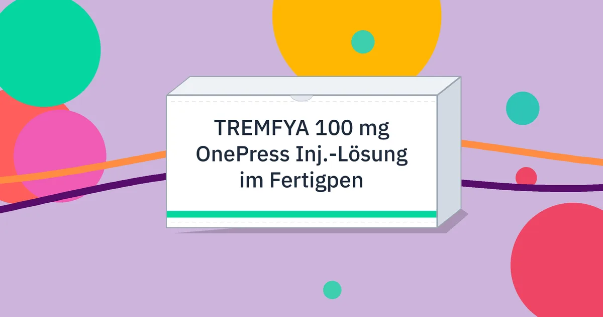 Symbolbild: Packung mit der Aufschrift TREMFYA 100 mg OnePress Inj.-Lösung im Fertigpen (PZN 20099041) – Verfügbarkeit und Bezug in Apotheken in Frankfurt am Main
