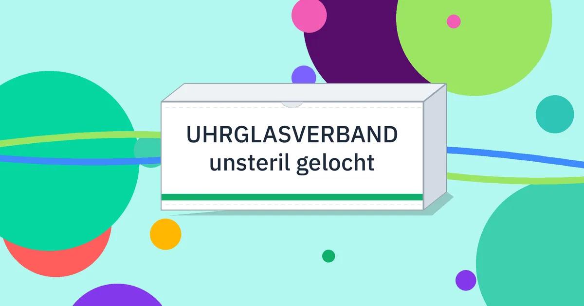 Symbolbild: Packung mit der Aufschrift UHRGLASVERBAND unsteril gelocht (PZN 17834034) – Verfügbarkeit und Bezug in Apotheken in Frankfurt am Main