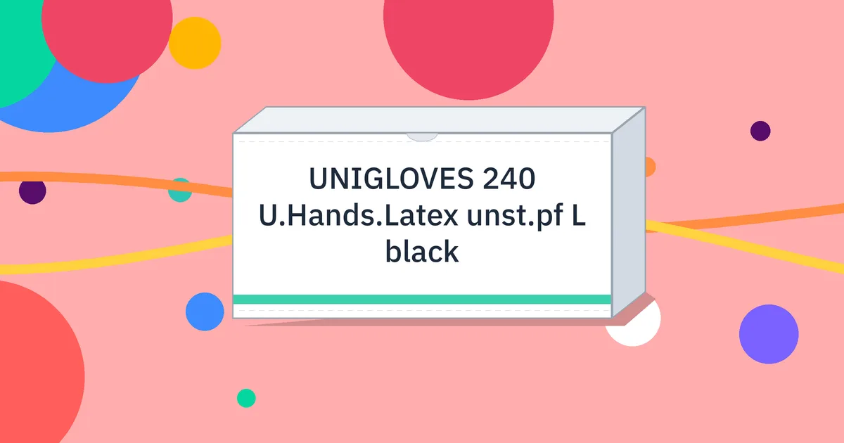 Symbolbild: Packung mit der Aufschrift UNIGLOVES 240 U.Hands.Latex unst.pf L black (PZN 18101411) – Verfügbarkeit und Bezug in Apotheken in Frankfurt am Main