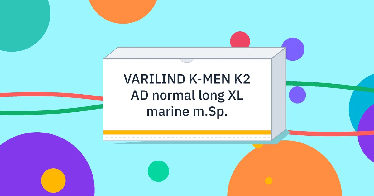 Symbolbild: Packung mit der Aufschrift VARILIND K-MEN K2 AD normal long XL marine m.Sp. (PZN 20569392) – Verfügbarkeit und Bezug in Apotheken in Frankfurt am Main