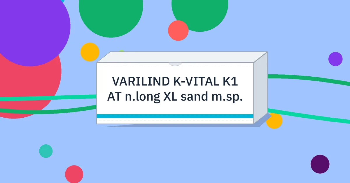Symbolbild: Packung mit der Aufschrift VARILIND K-VITAL K1 AT n.long XL sand m.sp. (PZN 20559726) – Verfügbarkeit und Bezug in Apotheken in Frankfurt am Main