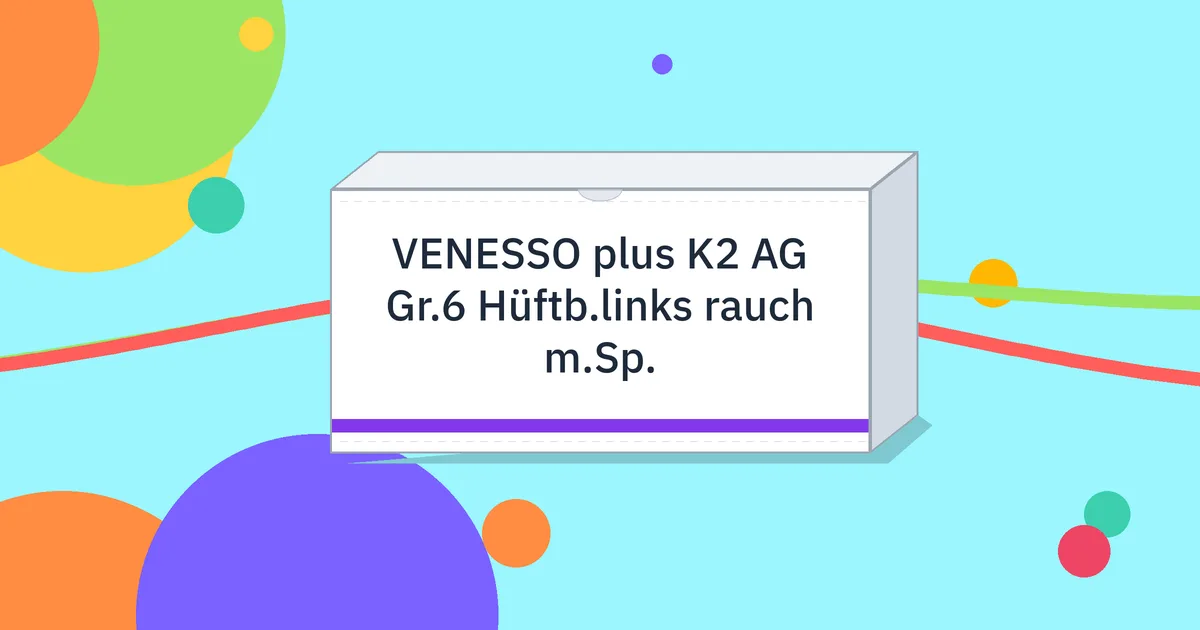 Symbolbild: Packung mit der Aufschrift VENESSO plus K2 AG Gr.6 Hüftb.links rauch m.Sp. (PZN 03308201) – Verfügbarkeit und Bezug in Apotheken in Frankfurt am Main