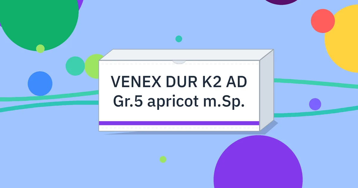 Symbolbild: Packung mit der Aufschrift VENEX DUR K2 AD Gr.5 apricot m.Sp. (PZN 03209137) – Verfügbarkeit und Bezug in Apotheken in Frankfurt am Main