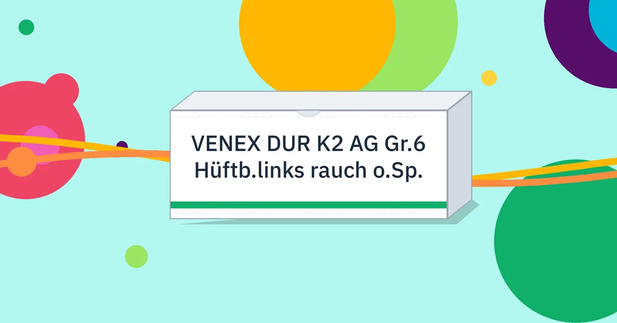 Symbolbild: Packung mit der Aufschrift VENEX DUR K2 AG Gr.6 Hüftb.links rauch o.Sp. (PZN 03231237) – Verfügbarkeit und Bezug in Apotheken in Frankfurt am Main