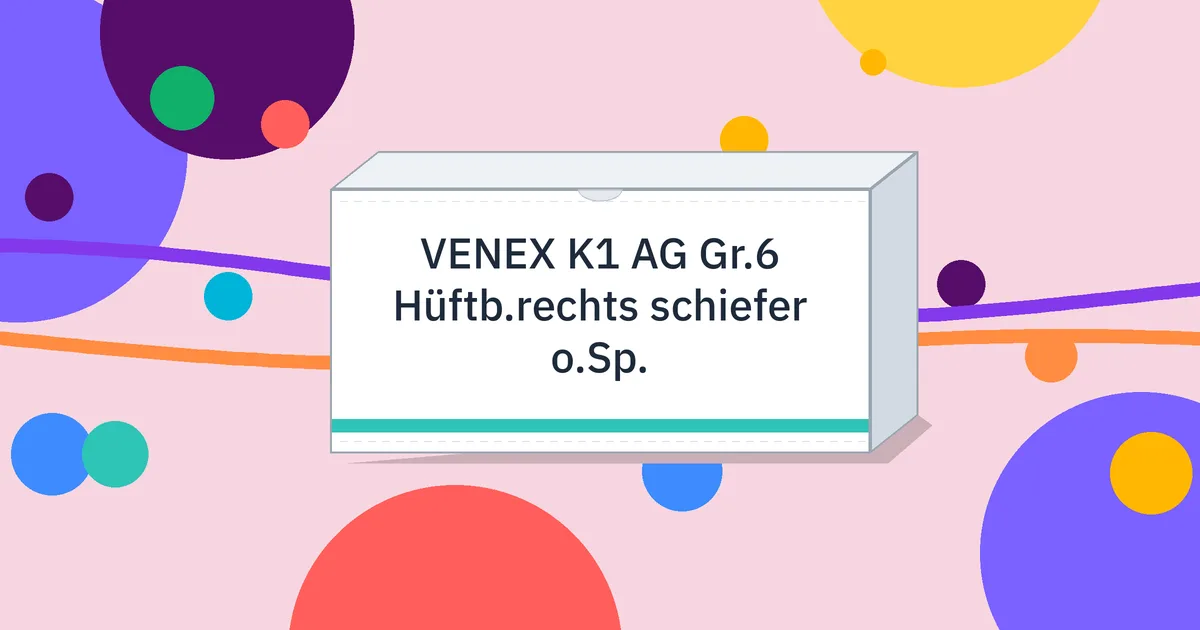 Symbolbild: Packung mit der Aufschrift VENEX K1 AG Gr.6 Hüftb.rechts schiefer o.Sp. (PZN 03208126) – Verfügbarkeit und Bezug in Apotheken in Frankfurt am Main
