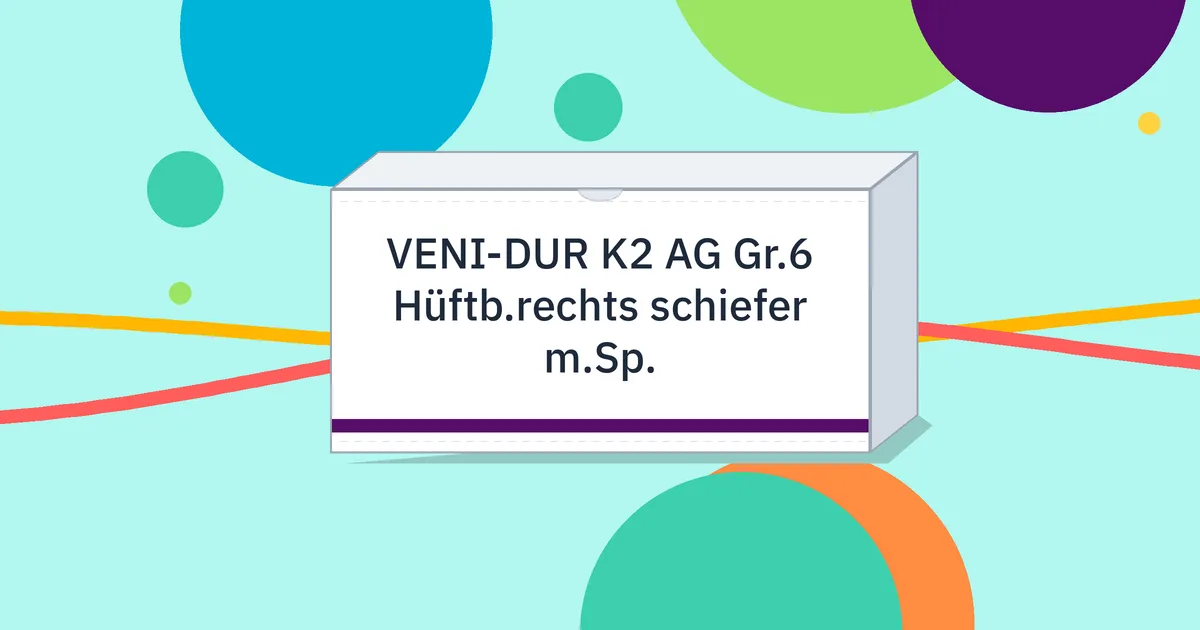 Symbolbild: Packung mit der Aufschrift VENI-DUR K2 AG Gr.6 Hüftb.rechts schiefer m.Sp. (PZN 03249697) – Verfügbarkeit und Bezug in Apotheken in Frankfurt am Main