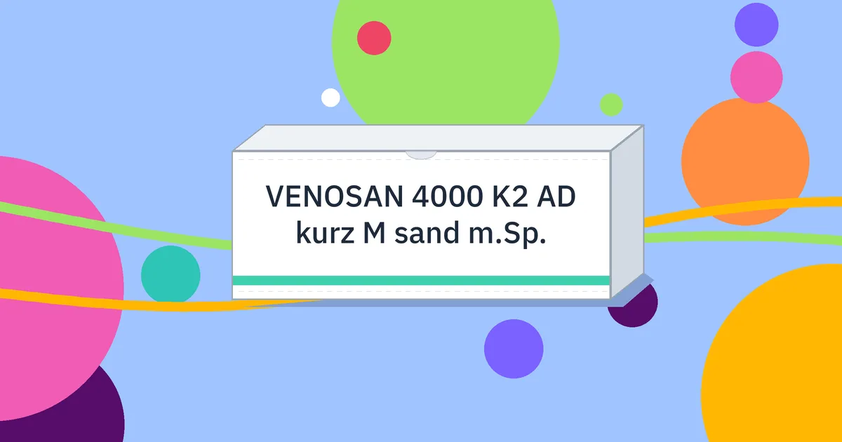Symbolbild: Packung mit der Aufschrift VENOSAN 4000 K2 AD kurz M sand m.Sp. (PZN 14422472) – Verfügbarkeit und Bezug in Apotheken in Frankfurt am Main