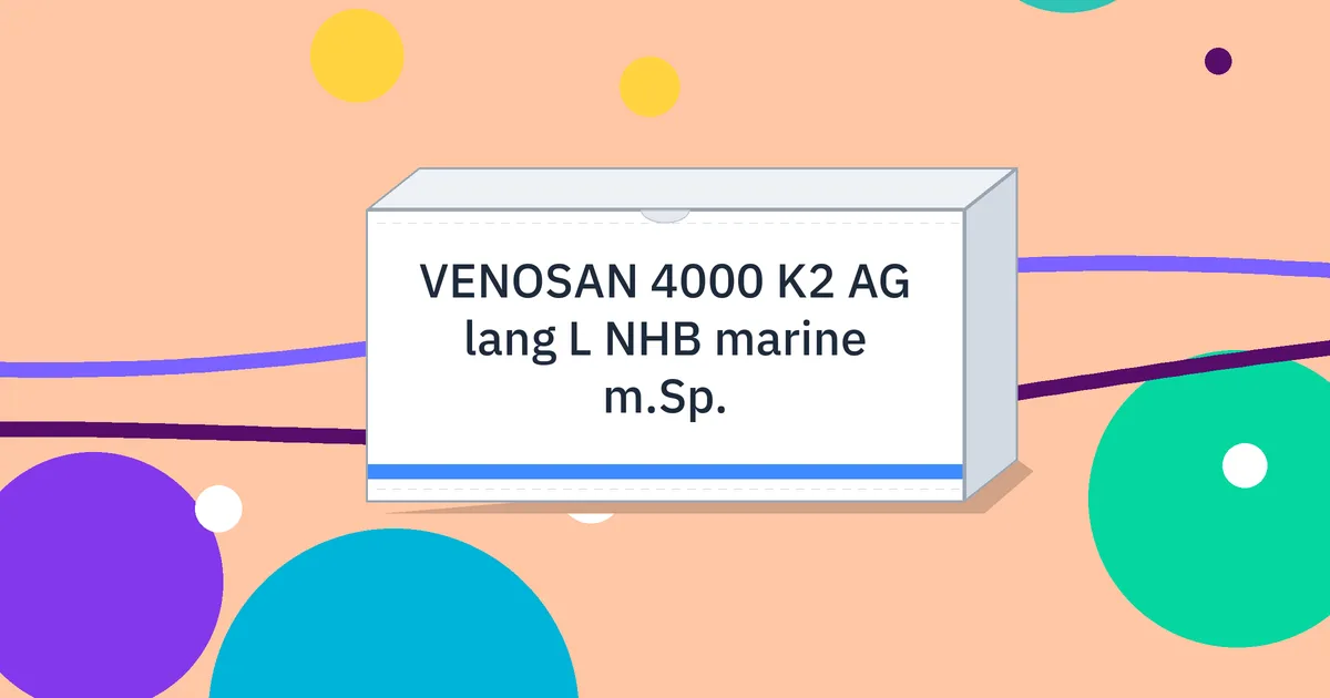 Symbolbild: Packung mit der Aufschrift VENOSAN 4000 K2 AG lang L NHB marine m.Sp. (PZN 16602273) – Verfügbarkeit und Bezug in Apotheken in Frankfurt am Main
