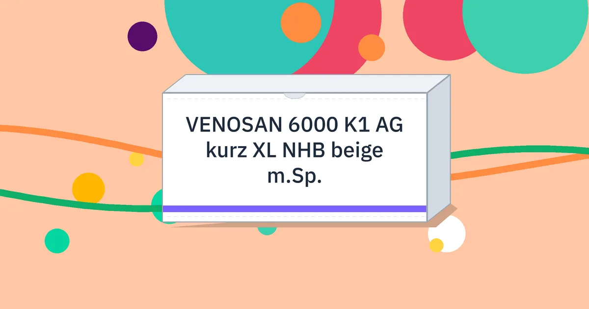 Symbolbild: Packung mit der Aufschrift VENOSAN 6000 K1 AG kurz XL NHB beige m.Sp. (PZN 17171651) – Verfügbarkeit und Bezug in Apotheken in Frankfurt am Main
