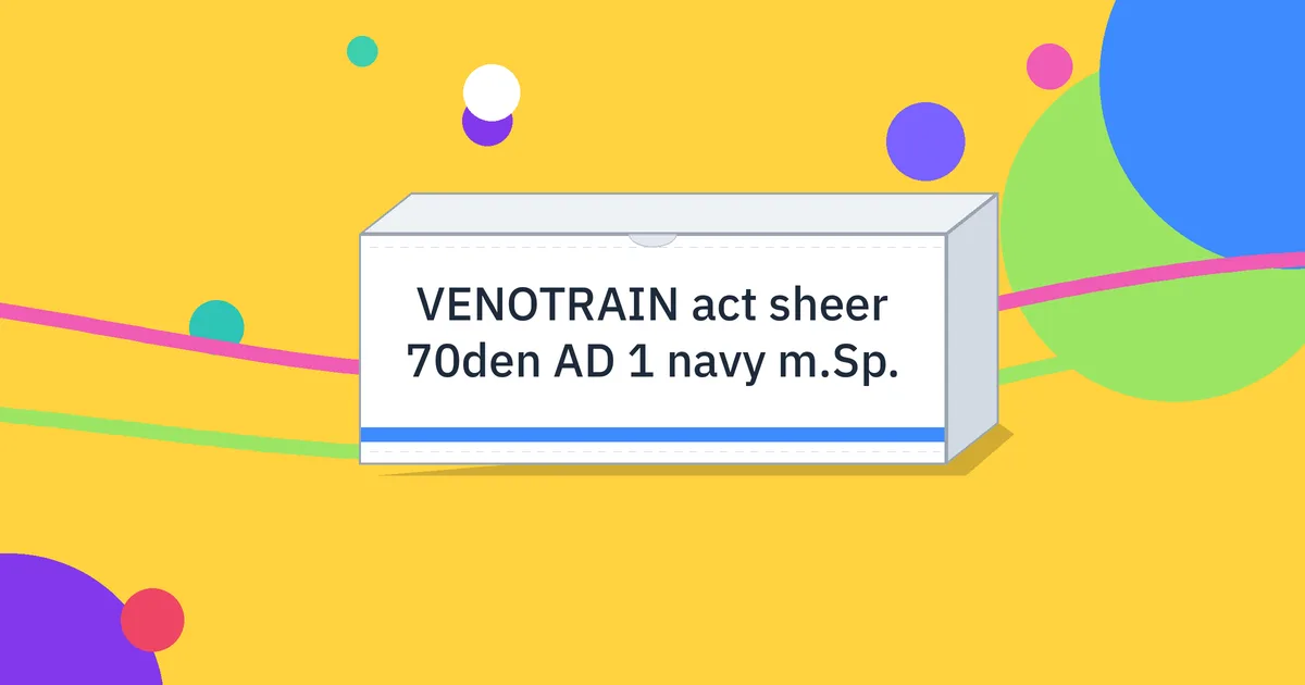 Symbolbild: Packung mit der Aufschrift VENOTRAIN act sheer 70den AD 1 navy m.Sp. (PZN 16208748) – Verfügbarkeit und Bezug in Apotheken in Frankfurt am Main