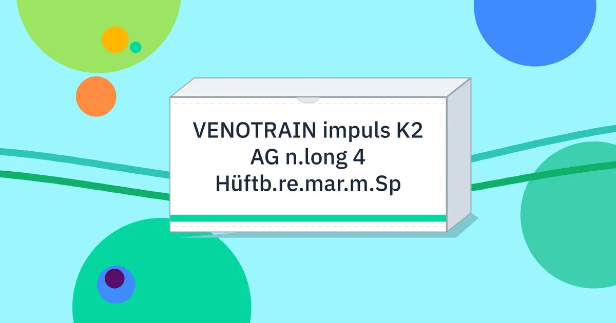 Symbolbild: Packung mit der Aufschrift VENOTRAIN impuls K2 AG n.long 4 Hüftb.re.mar.m.Sp (PZN 15216467) – Verfügbarkeit und Bezug in Apotheken in Frankfurt am Main