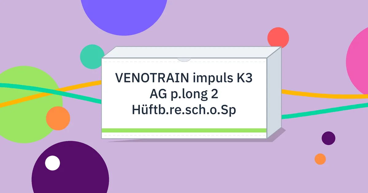 Symbolbild: Packung mit der Aufschrift VENOTRAIN impuls K3 AG p.long 2 Hüftb.re.sch.o.Sp (PZN 10294304) – Verfügbarkeit und Bezug in Apotheken in Frankfurt am Main