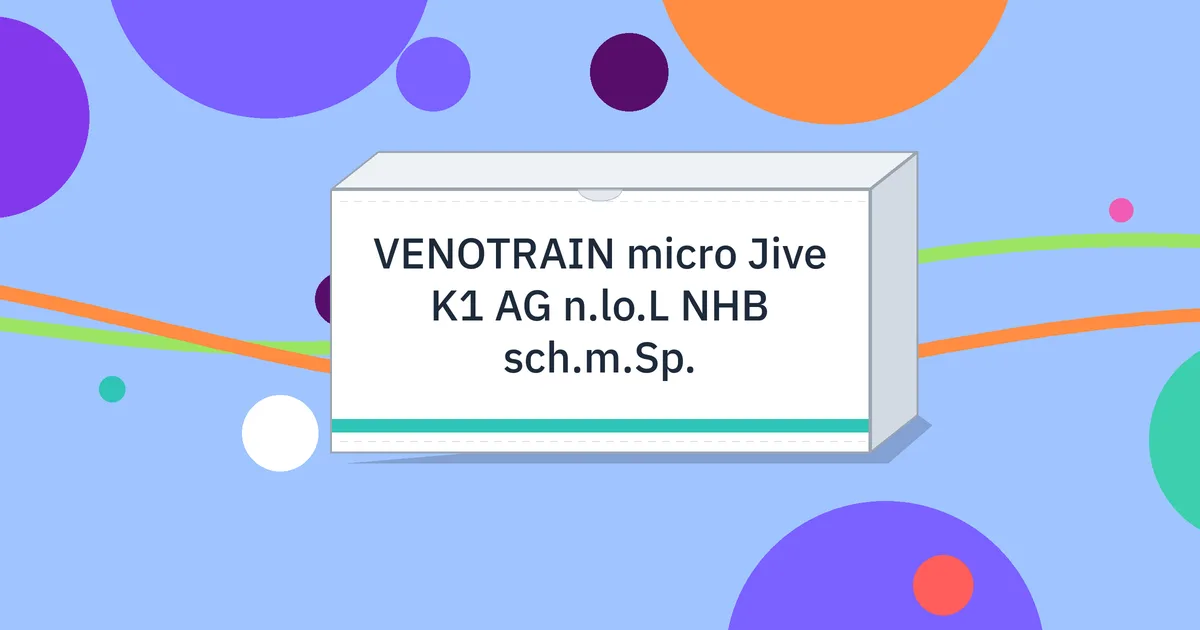Symbolbild: Packung mit der Aufschrift VENOTRAIN micro Jive K1 AG n.lo.L NHB sch.m.Sp. (PZN 17768107) – Verfügbarkeit und Bezug in Apotheken in Frankfurt am Main