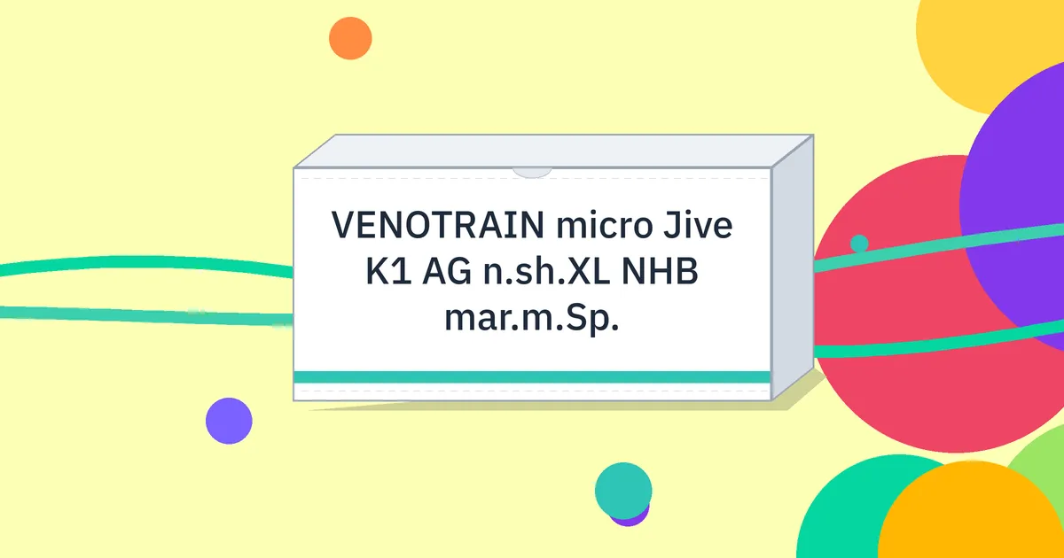 Symbolbild: Packung mit der Aufschrift VENOTRAIN micro Jive K1 AG n.sh.XL NHB mar.m.Sp. (PZN 17767266) – Verfügbarkeit und Bezug in Apotheken in Frankfurt am Main