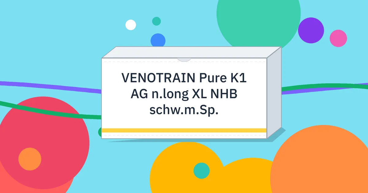 Symbolbild: Packung mit der Aufschrift VENOTRAIN Pure K1 AG n.long XL NHB schw.m.Sp. (PZN 18142858) – Verfügbarkeit und Bezug in Apotheken in Frankfurt am Main
