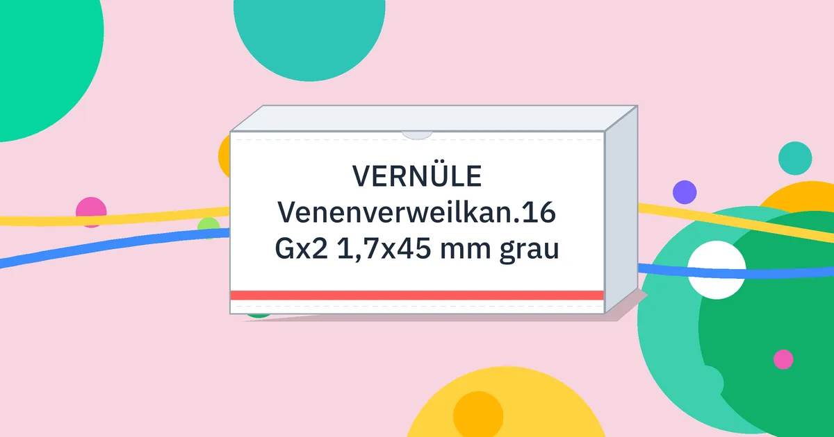 Symbolbild: Packung mit der Aufschrift VERNÜLE Venenverweilkan.16 Gx2 1,7x45 mm grau (PZN 10540370) – Verfügbarkeit und Bezug in Apotheken in Frankfurt am Main