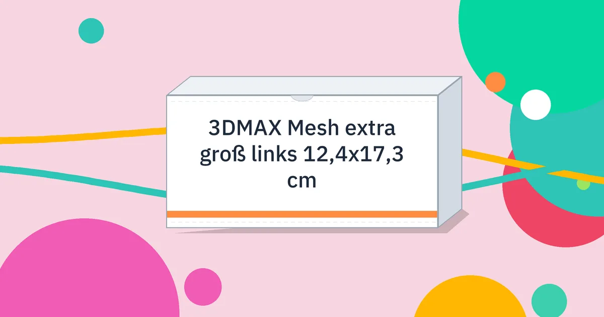 Symbolbild: Packung mit der Aufschrift 3DMAX Mesh extra groß links 12,4x17,3 cm (PZN 03750339) – Verfügbarkeit und Bezug in Apotheken in Frankfurt am Main