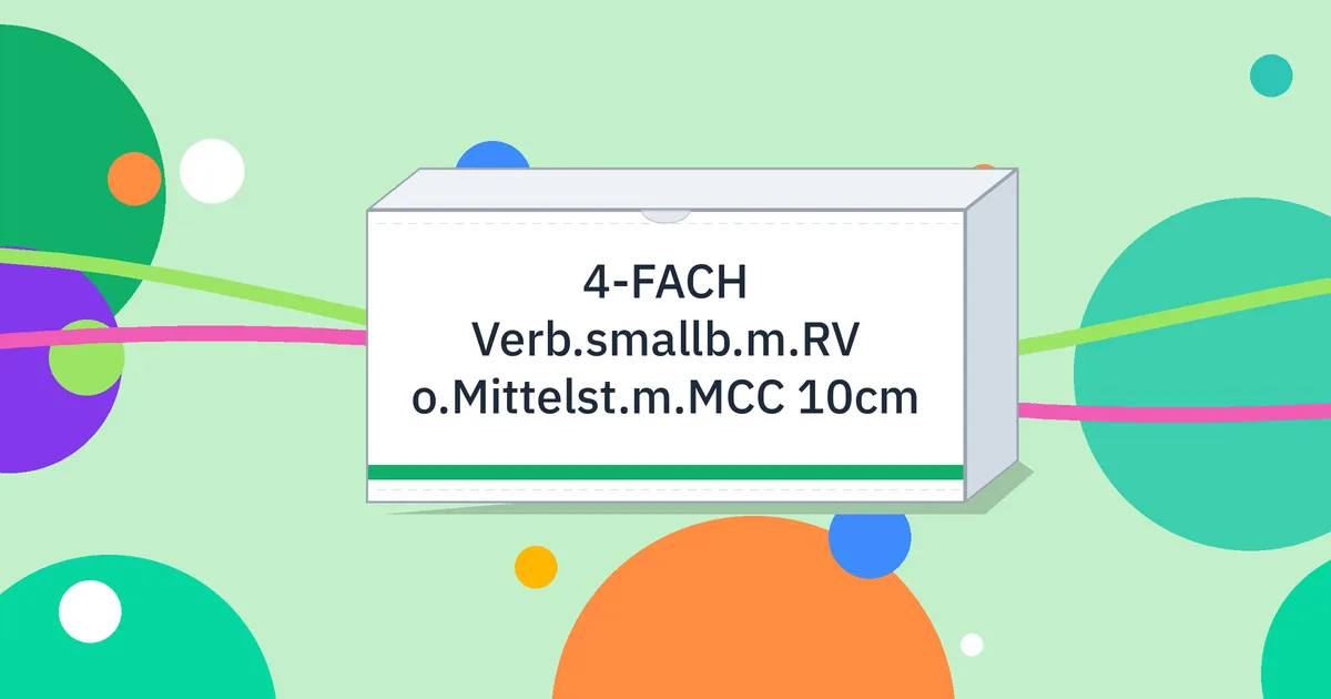 Symbolbild: Packung mit der Aufschrift 4-FACH Verb.smallb.m.RV o.Mittelst.m.MCC 10cm (PZN 18499052) – Verfügbarkeit und Bezug in Apotheken in Frankfurt am Main