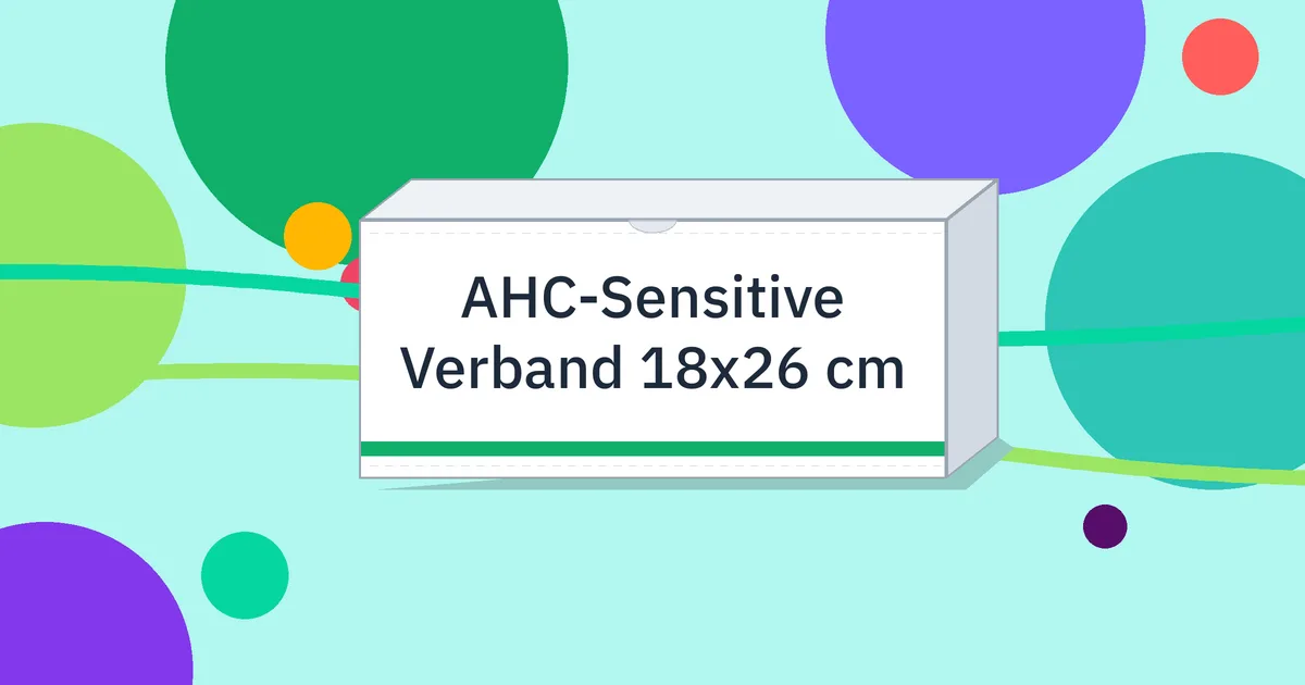 Symbolbild: Packung mit der Aufschrift AHC-Sensitive Verband 18x26 cm (PZN 20006588) – Verfügbarkeit und Bezug in Apotheken in Frankfurt am Main
