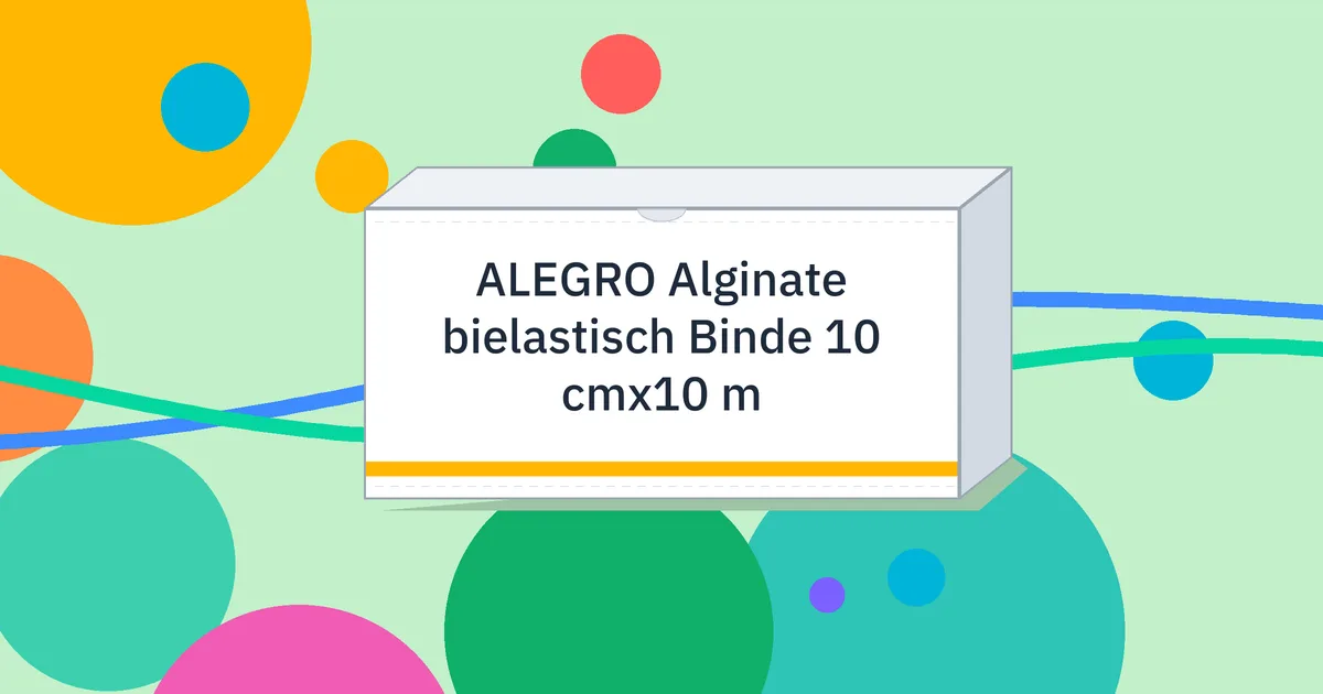 Symbolbild: Packung mit der Aufschrift ALEGRO Alginate bielastisch Binde 10 cmx10 m (PZN 03645298) – Verfügbarkeit und Bezug in Apotheken in Frankfurt am Main
