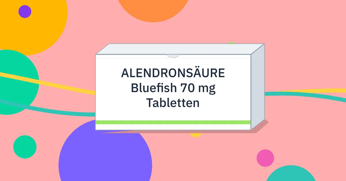 Symbolbild: Packung mit der Aufschrift ALENDRONSÄURE Bluefish 70 mg Tabletten (PZN 03531212) – Verfügbarkeit und Bezug in Apotheken in Frankfurt am Main