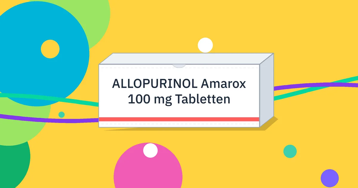 Symbolbild: Packung mit der Aufschrift ALLOPURINOL Amarox 100 mg Tabletten (PZN 18273247) – Verfügbarkeit und Bezug in Apotheken in Frankfurt am Main