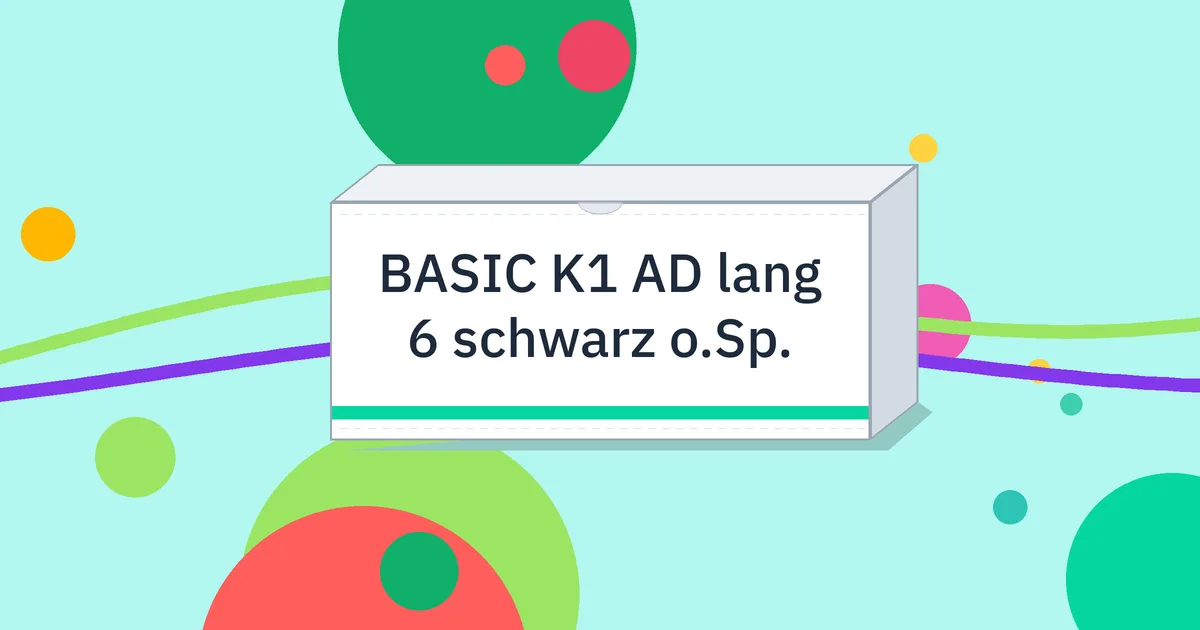 Symbolbild: Packung mit der Aufschrift BASIC K1 AD lang 6 schwarz o.Sp. (PZN 20259059) – Verfügbarkeit und Bezug in Apotheken in Frankfurt am Main