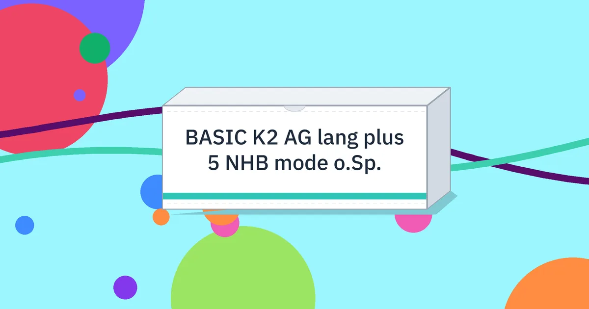 Symbolbild: Packung mit der Aufschrift BASIC K2 AG lang plus 5 NHB mode o.Sp. (PZN 20268147) – Verfügbarkeit und Bezug in Apotheken in Frankfurt am Main