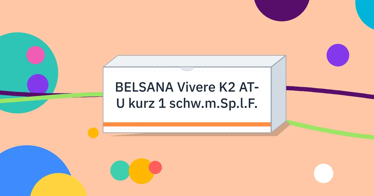 Symbolbild: Packung mit der Aufschrift BELSANA Vivere K2 AT-U kurz 1 schw.m.Sp.l.F. (PZN 08535114) – Verfügbarkeit und Bezug in Apotheken in Frankfurt am Main