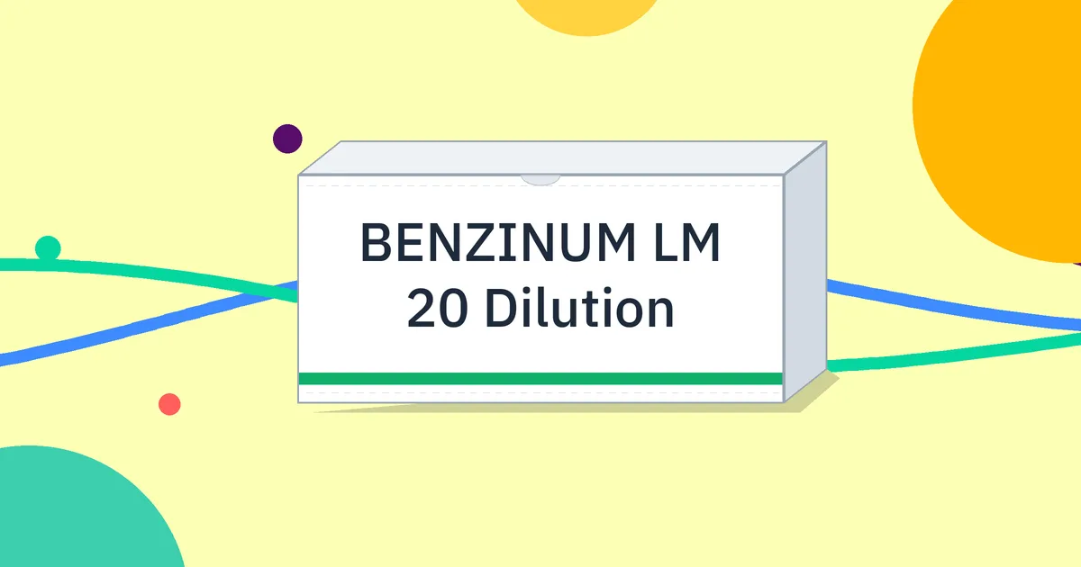 Symbolbild: Packung mit der Aufschrift BENZINUM LM 20 Dilution (PZN 12792101) – Verfügbarkeit und Bezug in Apotheken in Frankfurt am Main