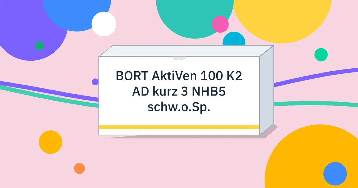 Symbolbild: Packung mit der Aufschrift BORT AktiVen 100 K2 AD kurz 3 NHB5 schw.o.Sp. (PZN 17496956) – Verfügbarkeit und Bezug in Apotheken in Frankfurt am Main
