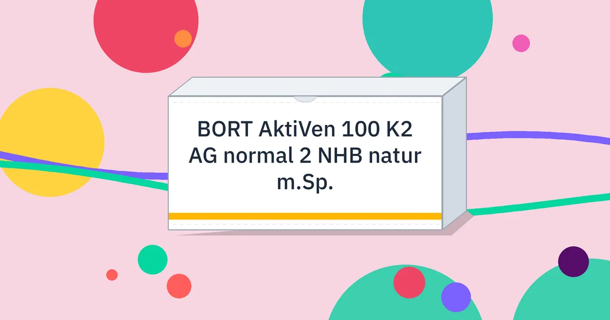 Symbolbild: Packung mit der Aufschrift BORT AktiVen 100 K2 AG normal 2 NHB natur m.Sp. (PZN 13730378) – Verfügbarkeit und Bezug in Apotheken in Frankfurt am Main