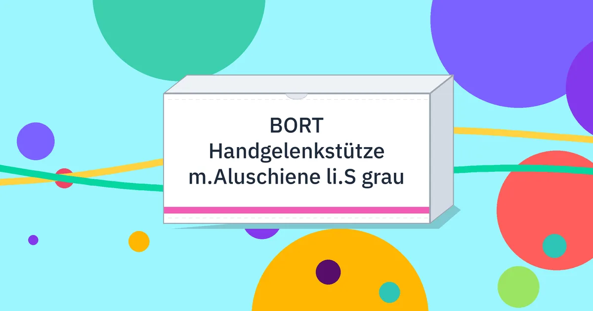 Symbolbild: Packung mit der Aufschrift BORT Handgelenkstütze m.Aluschiene li.S grau (PZN 17842996) – Verfügbarkeit und Bezug in Apotheken in Frankfurt am Main