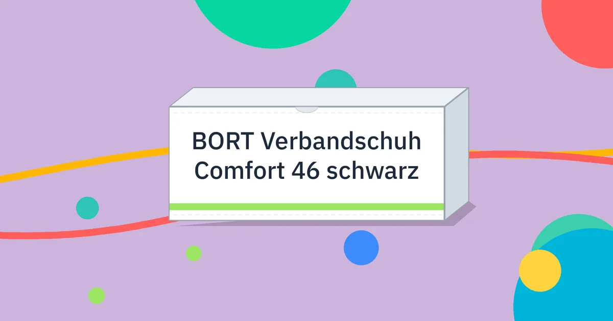 Symbolbild: Packung mit der Aufschrift BORT Verbandschuh Comfort 46 schwarz (PZN 02731038) – Verfügbarkeit und Bezug in Apotheken in Frankfurt am Main