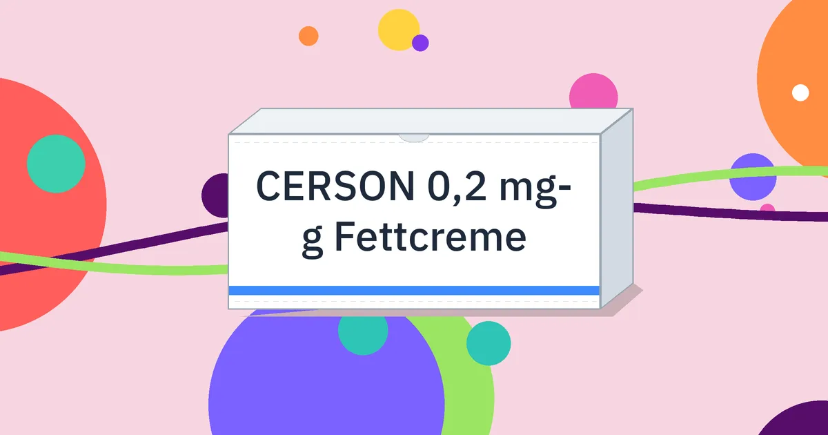 Symbolbild: Packung mit der Aufschrift CERSON 0,2 mg-g Fettcreme (PZN 16609223) – Verfügbarkeit und Bezug in Apotheken in Frankfurt am Main