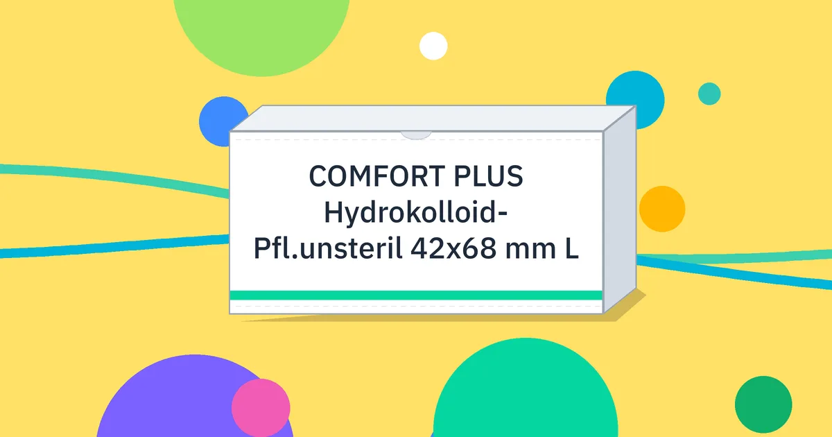 Symbolbild: Packung mit der Aufschrift COMFORT PLUS Hydrokolloid-Pfl.unsteril 42x68 mm L (PZN 12415887) – Verfügbarkeit und Bezug in Apotheken in Frankfurt am Main