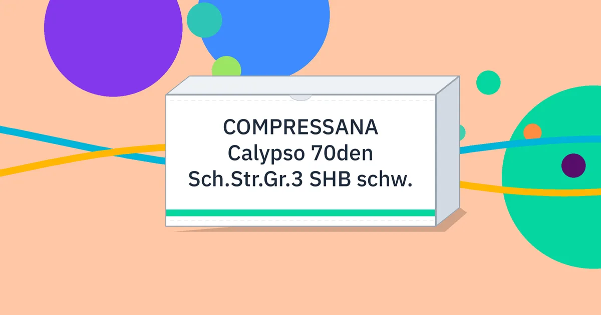 Symbolbild: Packung mit der Aufschrift COMPRESSANA Calypso 70den Sch.Str.Gr.3 SHB schw. (PZN 08910902) – Verfügbarkeit und Bezug in Apotheken in Frankfurt am Main