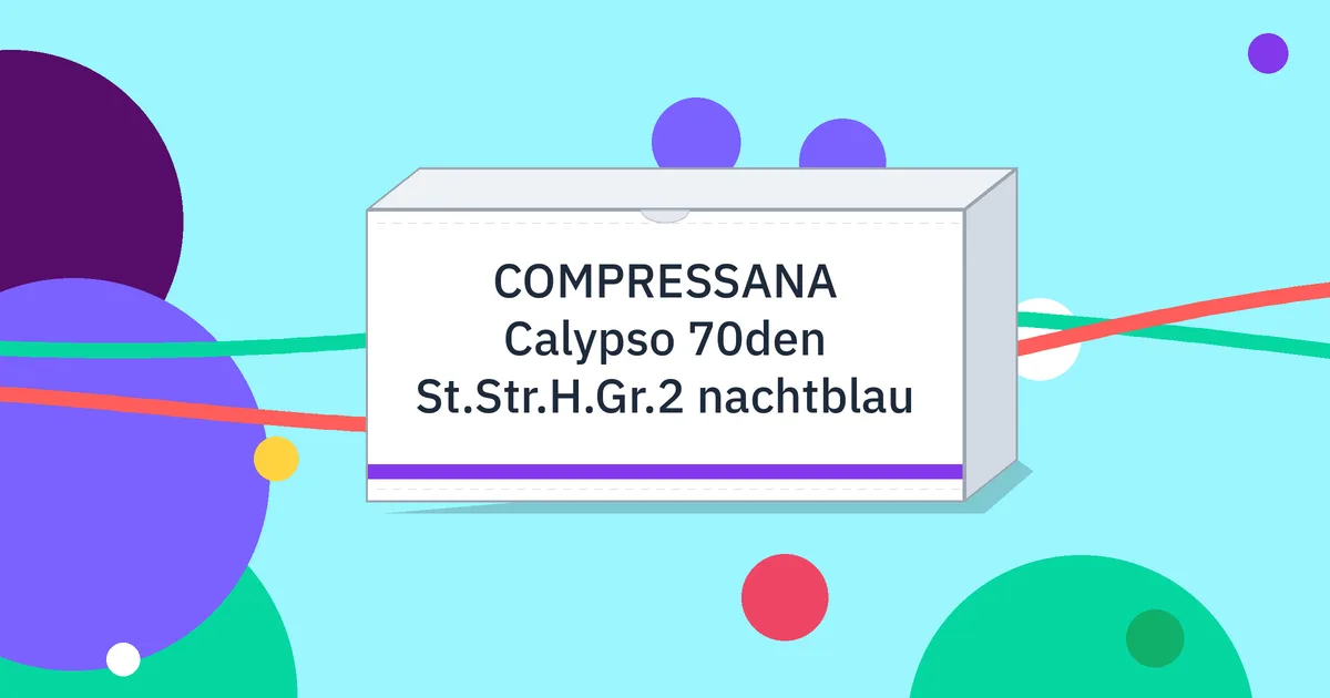 Symbolbild: Packung mit der Aufschrift COMPRESSANA Calypso 70den St.Str.H.Gr.2 nachtblau (PZN 07718841) – Verfügbarkeit und Bezug in Apotheken in Frankfurt am Main