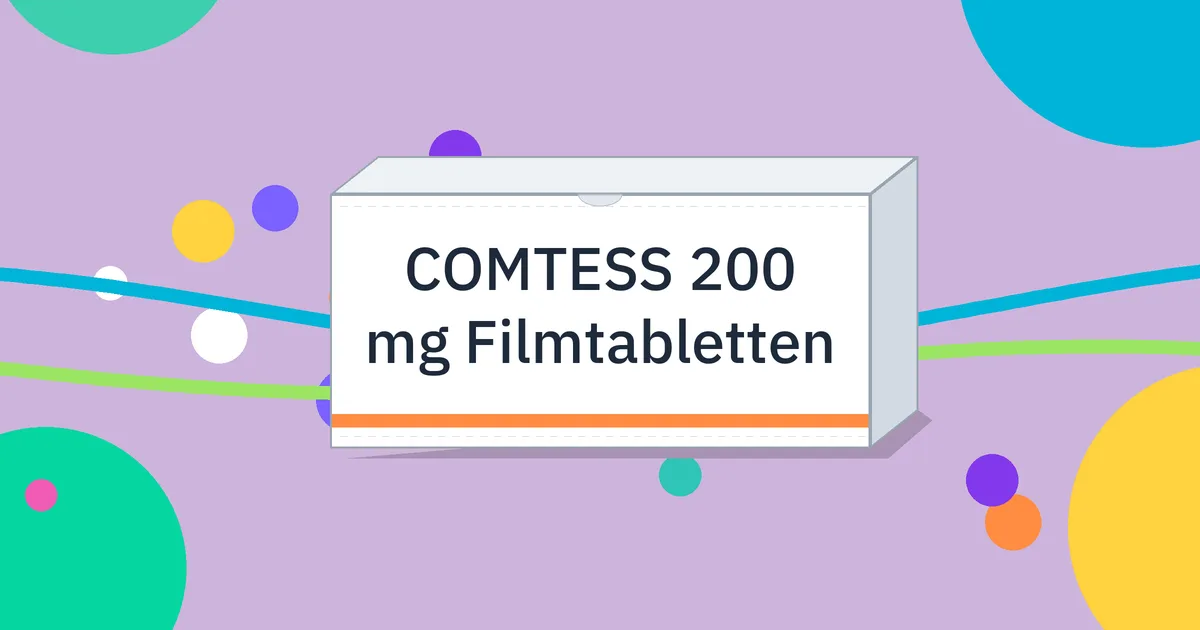 Symbolbild: Packung mit der Aufschrift COMTESS 200 mg Filmtabletten (PZN 01012152) – Verfügbarkeit und Bezug in Apotheken in Frankfurt am Main
