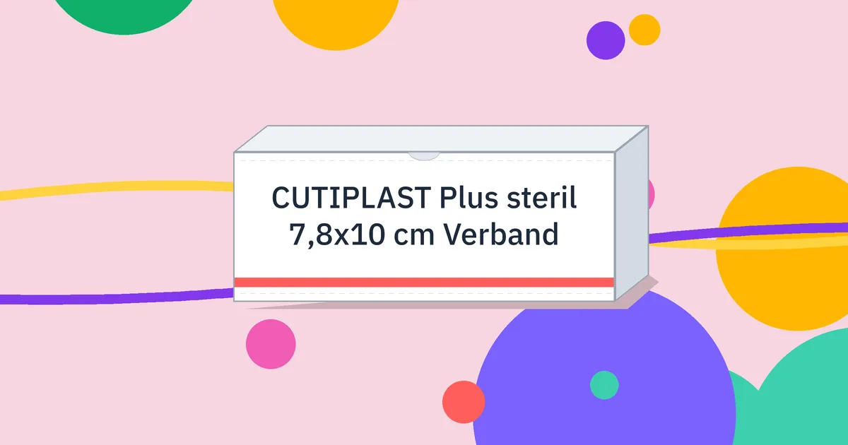 Symbolbild: Packung mit der Aufschrift CUTIPLAST Plus steril 7,8x10 cm Verband (PZN 08928753) – Verfügbarkeit und Bezug in Apotheken in Frankfurt am Main