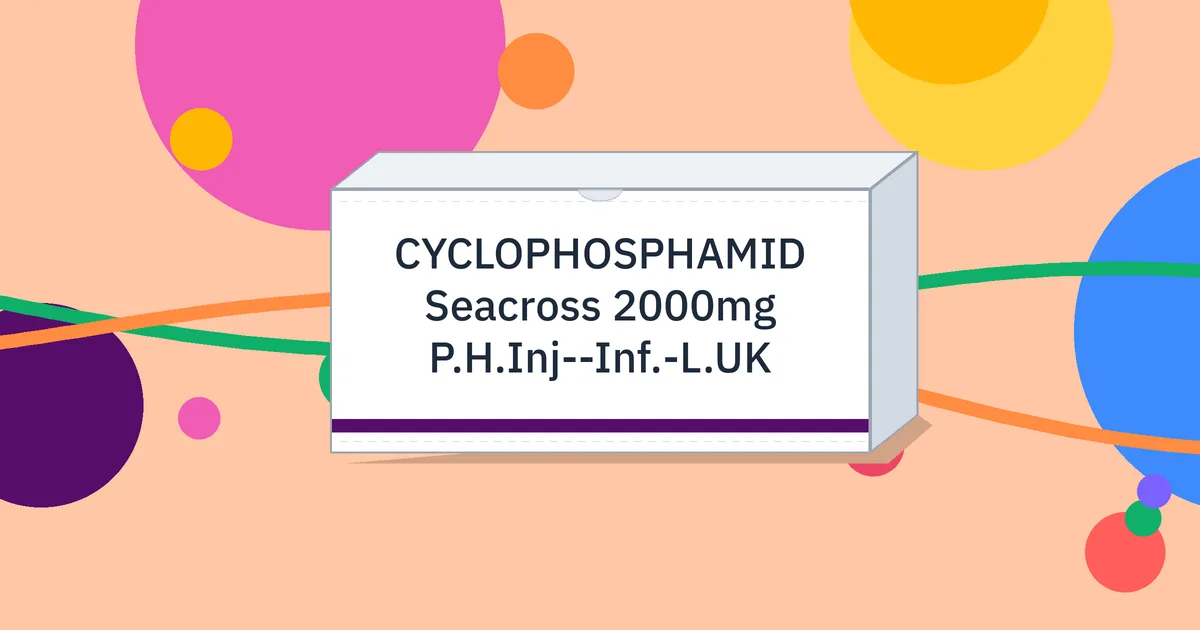 Symbolbild: Packung mit der Aufschrift CYCLOPHOSPHAMID Seacross 2000mg P.H.Inj--Inf.-L.UK (PZN 20603893) – Verfügbarkeit und Bezug in Apotheken in Frankfurt am Main