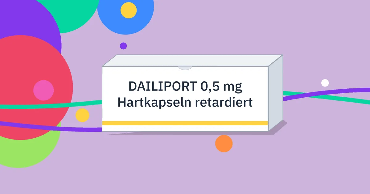Symbolbild: Packung mit der Aufschrift DAILIPORT 0,5 mg Hartkapseln retardiert (PZN 16228828) – Verfügbarkeit und Bezug in Apotheken in Frankfurt am Main